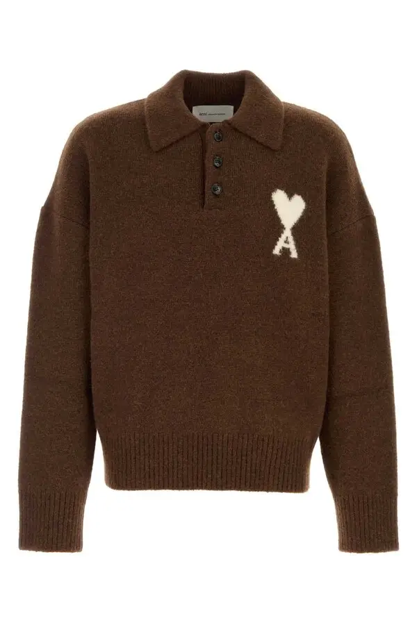 AMI Paris Chocolate Stretch Alpaca Blend Polo Shirt