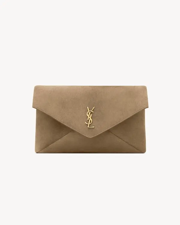 Saint Laurent Cassandre Large Envelope Pouch In Suede In Beige