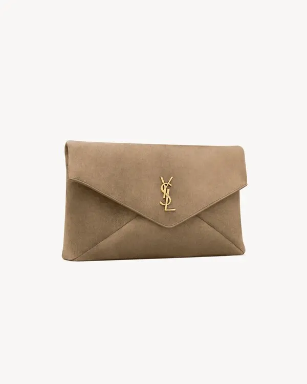Saint Laurent Cassandre Large Envelope Pouch In Suede In Beige
