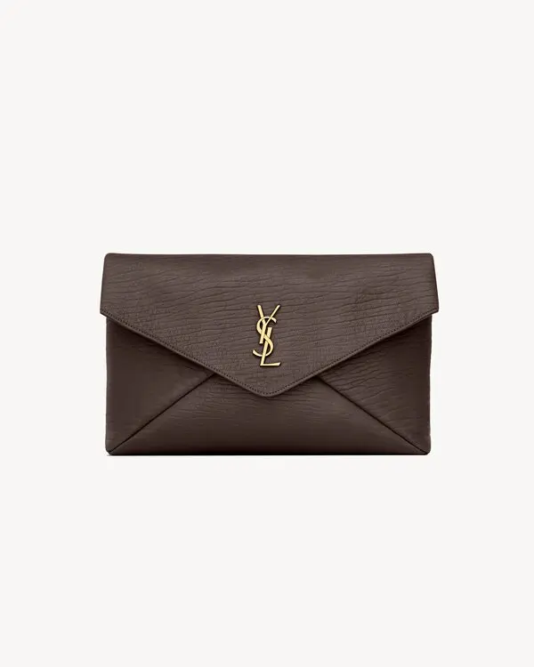 Saint Laurent Cassandre Large Envelope Pouch In Lambskin In Brown - Santal