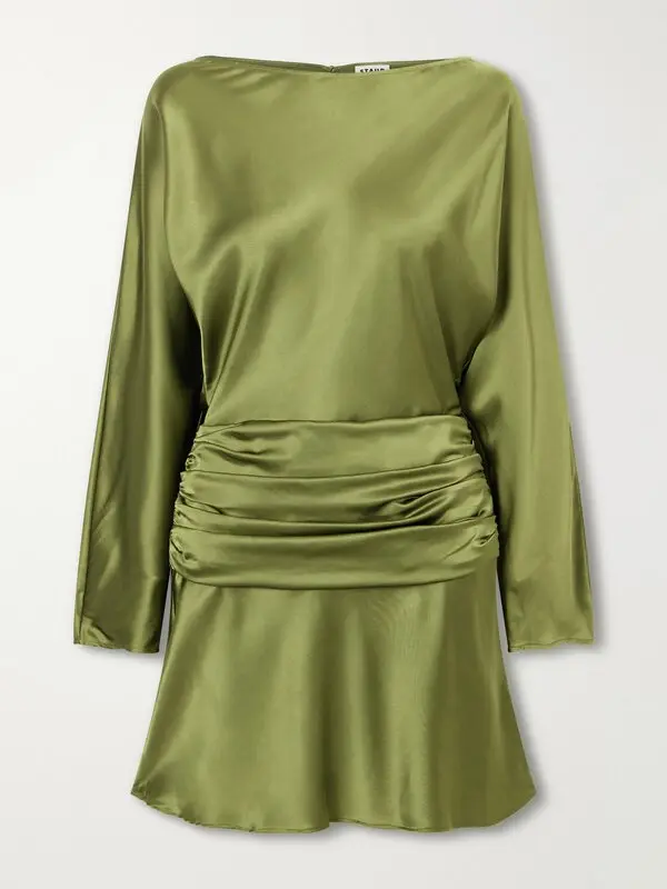 Staud Freda Gathered Silk-blend Satin Mini Dress - Green