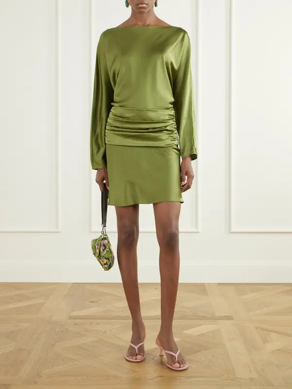 Staud Freda Gathered Silk-blend Satin Mini Dress - Green