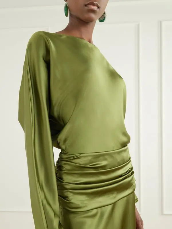 Staud Freda Gathered Silk-blend Satin Mini Dress - Green
