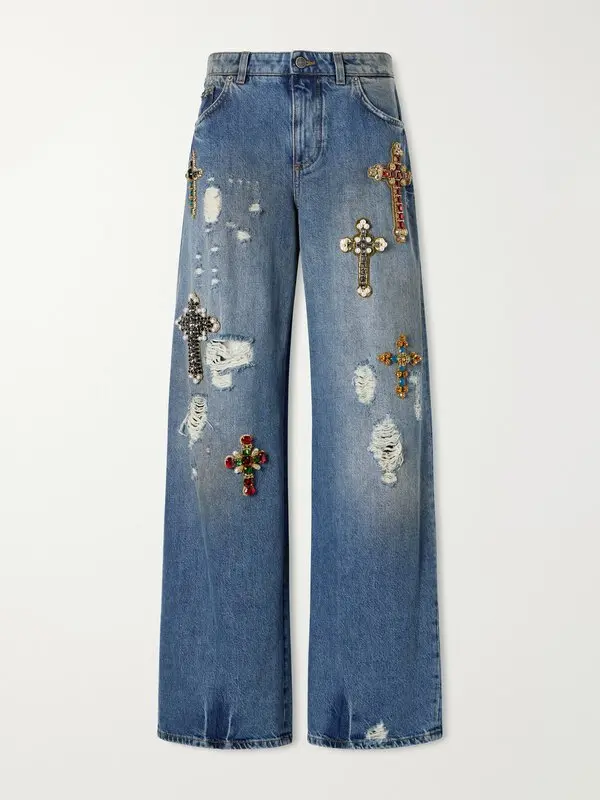 Dolce & Gabbana Embellished Distressed High-rise Wide-leg Jeans - Blue