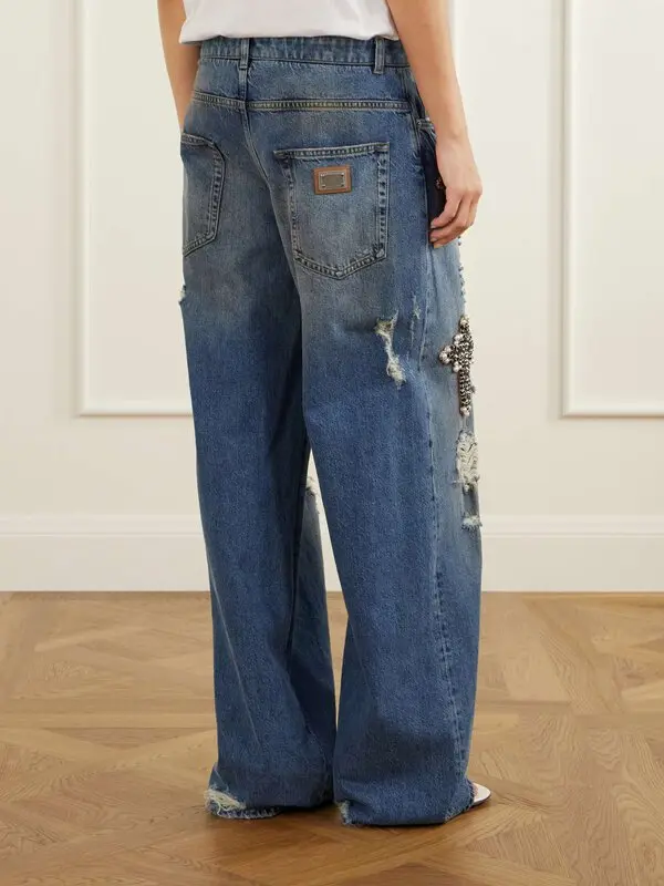 Dolce & Gabbana Embellished Distressed-detail High-rise Wide-leg Jeans