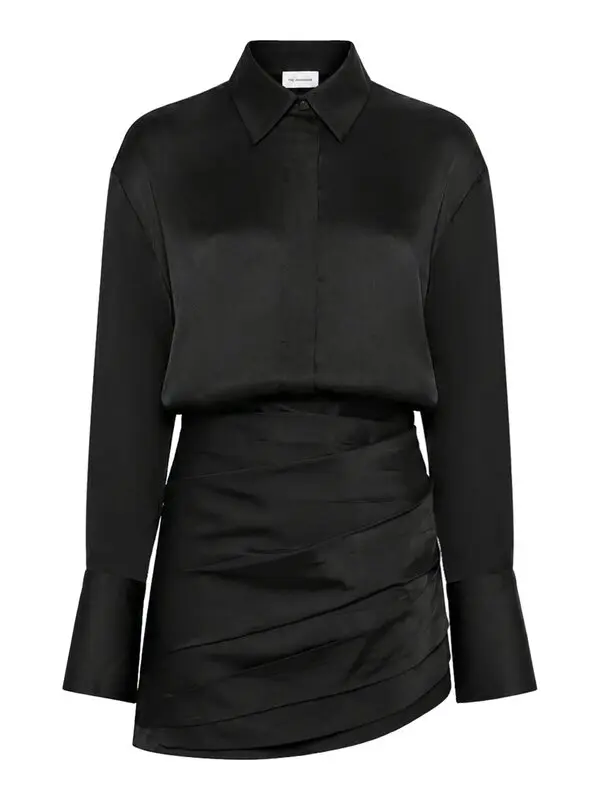 Andamane Satin Mini Shirt Dress With Draped Skirt - Black