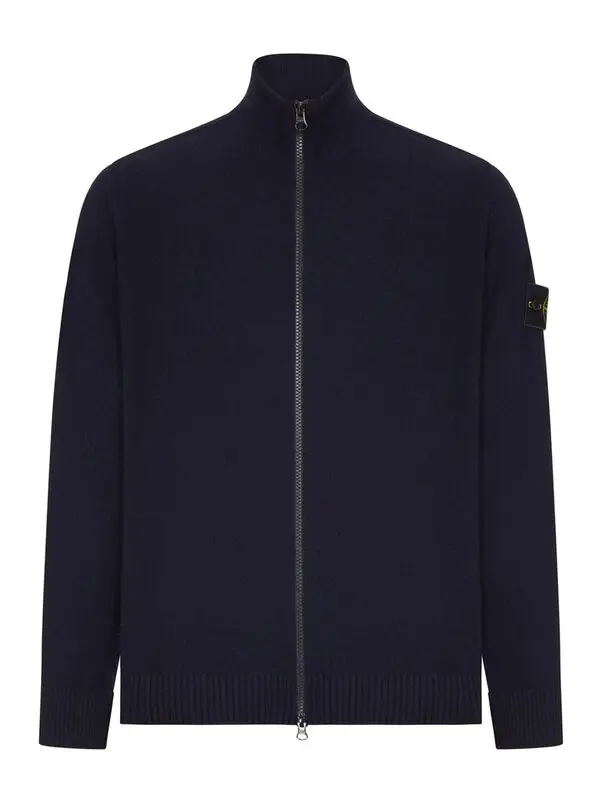Stone Island Full Zip Wool Sweater With High Neck - Blue