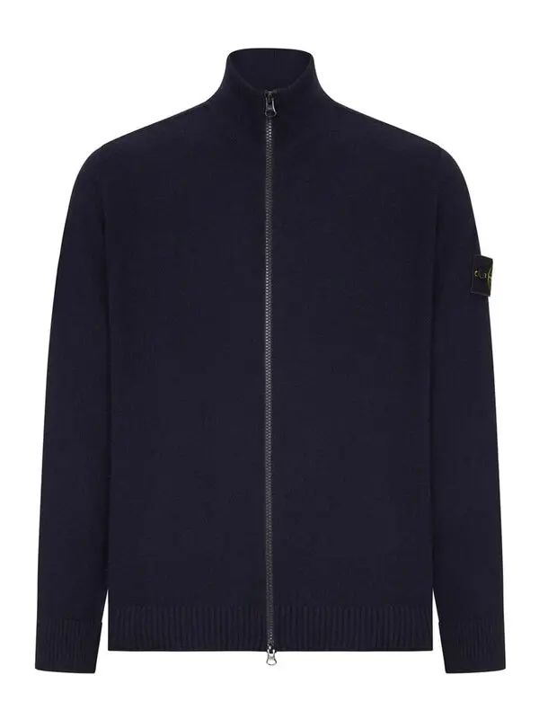 Stone Island Full Zip Wool Sweater With High Neck - Blue
