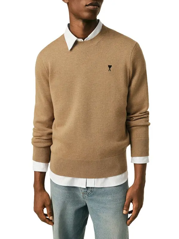AMI Paris Merino Wool Crewneck Sweater - Brown