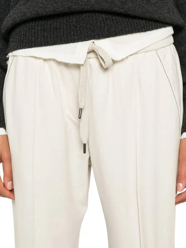 Brunello Cucinelli Lightweight Stretch Cotton Fleece Track Pants With Embellishment - Cream