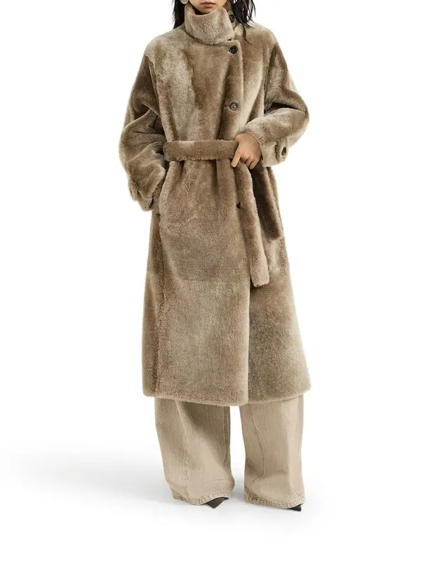 Brunello Cucinelli Shearling Coat With Belt - Multicolor