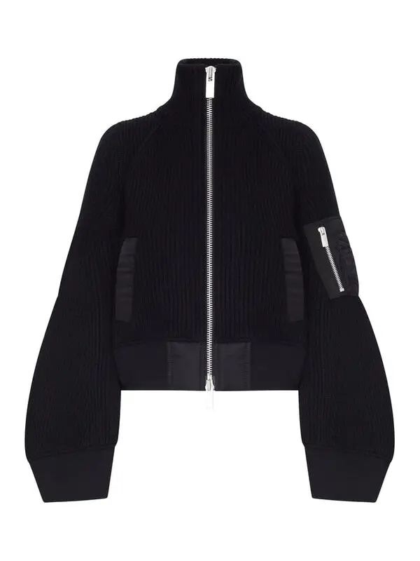 Sacai Ribbed Knit Blouson With Nylon Inserts - Black