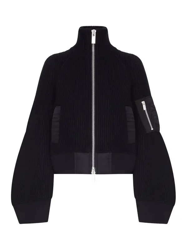 Sacai Ribbed Knit Blouson With Nylon Inserts - Black