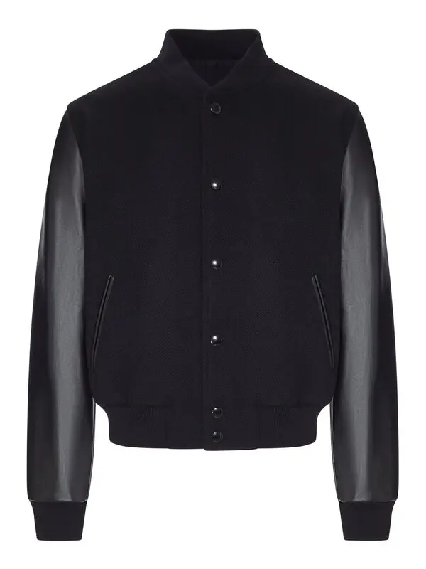 Celine Varsity Cloth Bomber Jacket With Leather Sleeves