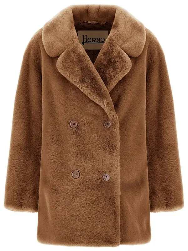 Herno Cappotto Doppiopetto In Ecopelliccia - Brown