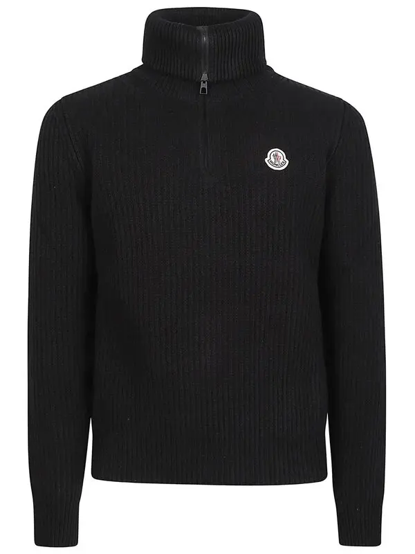 Moncler Ribbed Wool Turtleneck With Logo - Black