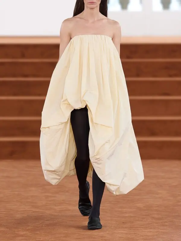 JIL SANDER Strapless Gathered Taffeta Midi Dress