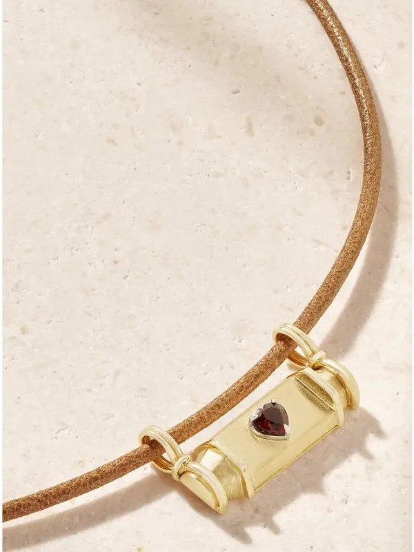 MARIE LICHTENBERG Clover Smash Locket 18-karat Yellow Garnet And Leather Necklace