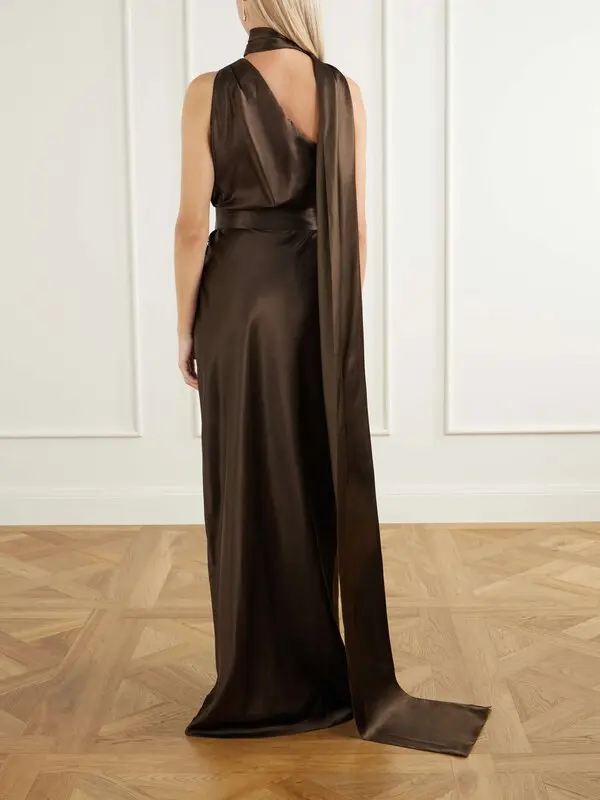 Ralph Lauren Rynn Belted Silk-duchesse Halterneck Gown - Brown