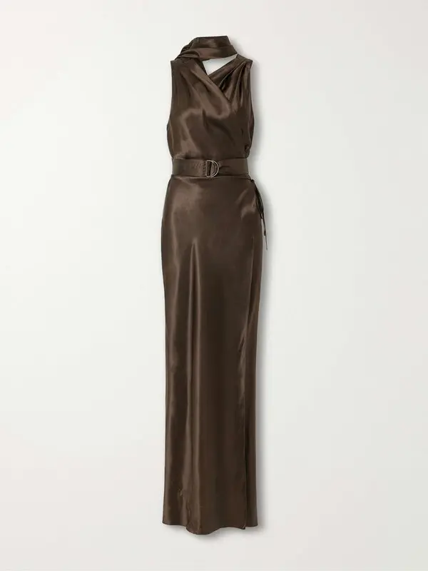 Ralph Lauren Rynn Belted Silk-duchesse Halterneck Gown - Brown