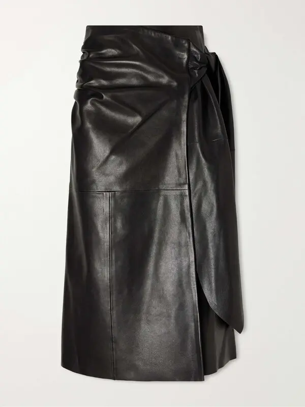 Nour Hammour Viret Knotted Paneled Leather Midi Skirt - Black
