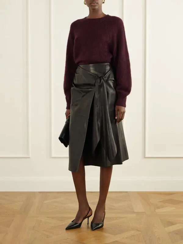 Nour Hammour Viret Knotted Paneled Leather Midi Skirt