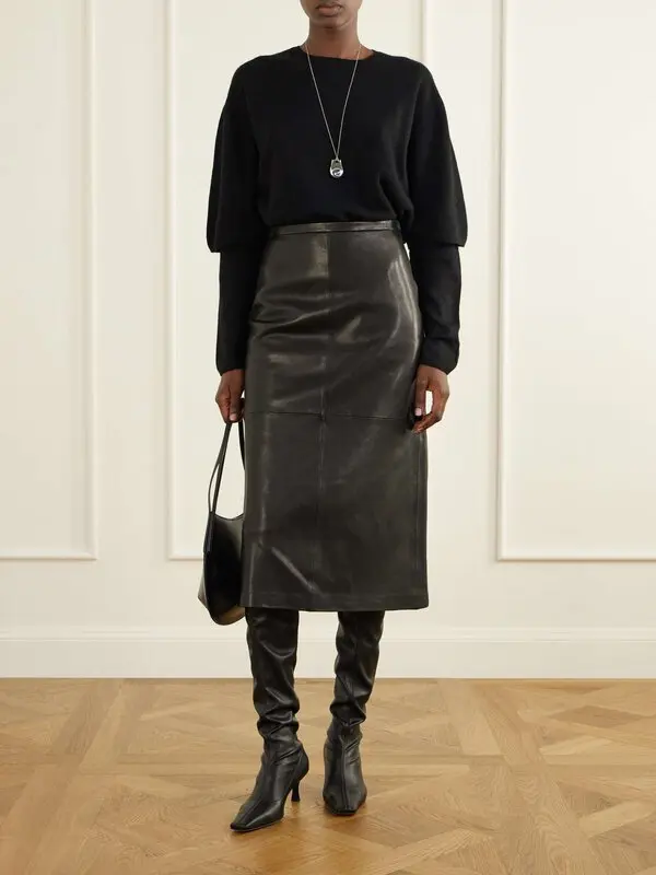 Nour Hammour Alana Paneled Leather Midi Skirt