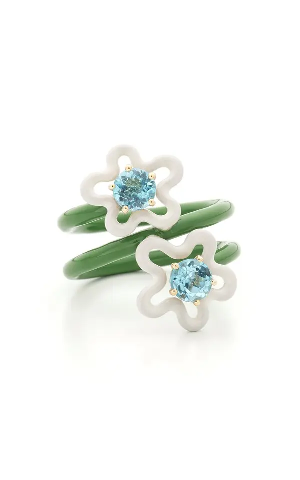 Bea Bongiasca 9kt Yellow Gold Double Flower Ring With Hand-painted Green And White Enamel - Blue