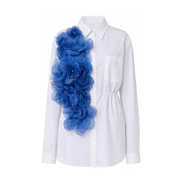 ÚCHÈ White / Blue Floral Applique Dress Shirt