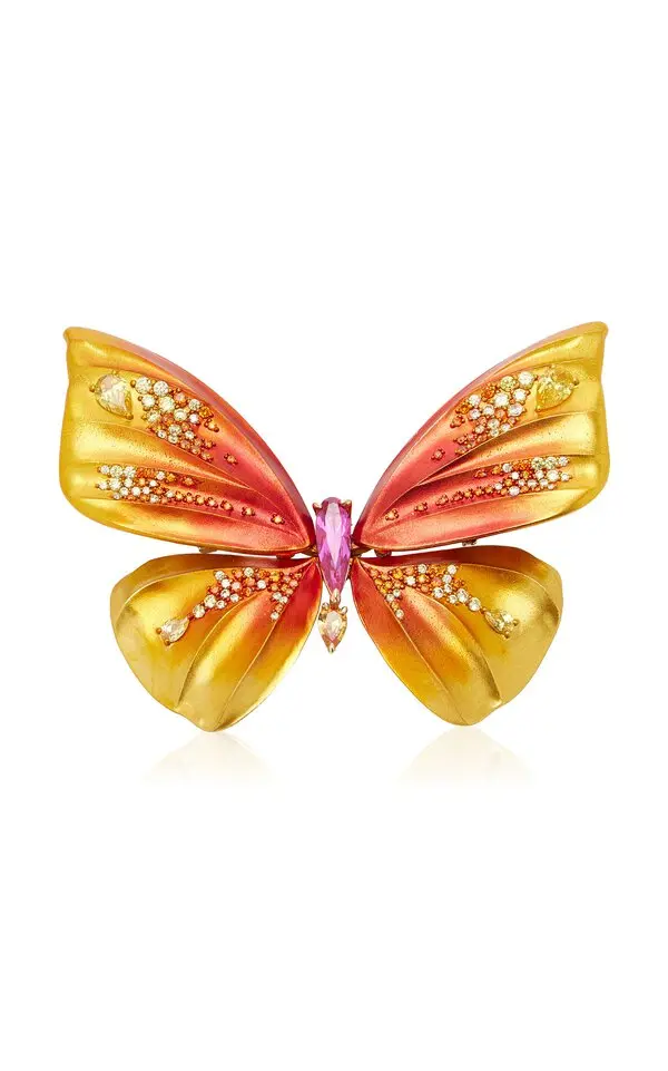 ANABELA CHAN Magma Butterfly 18k Yellow Gold Sapphire Brooch - Orange