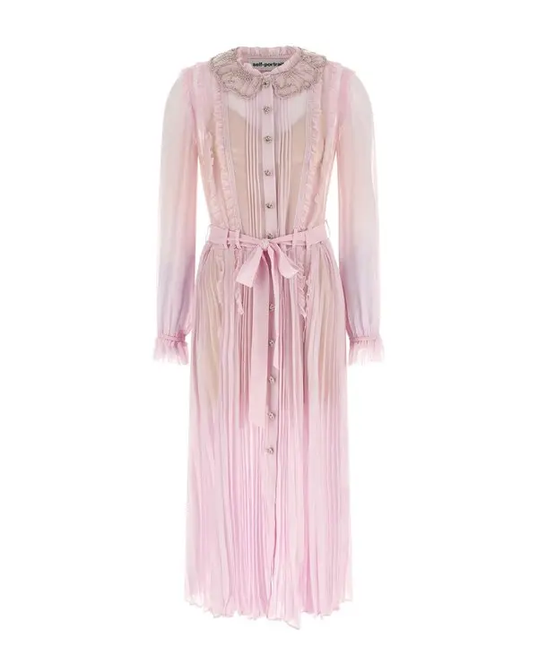 SELF-PORTRAIT Embellished Collar Sheer Pleated Maxi Dress - Pink