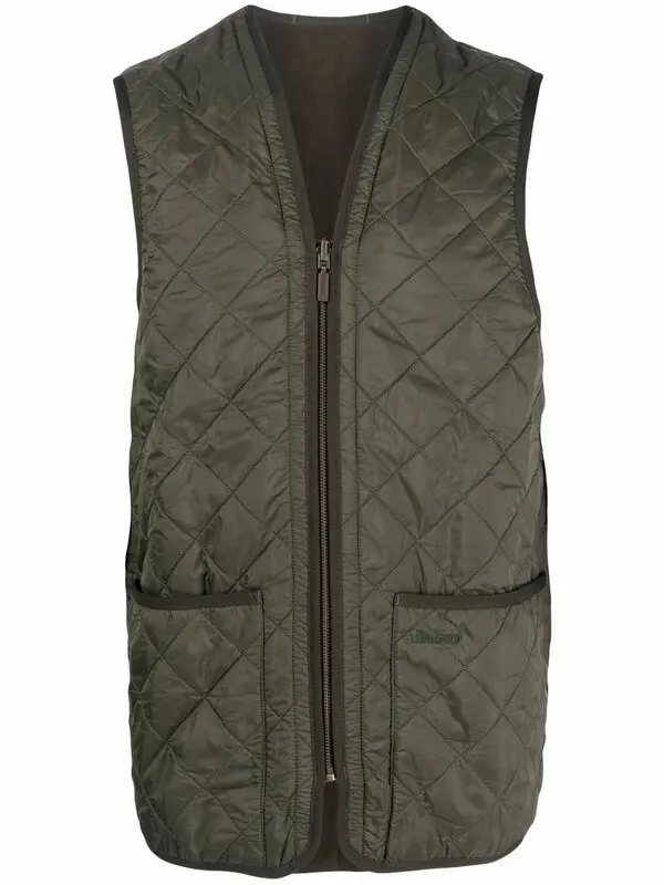 Barbour Embroidered Logo Piped-trim V-neck Sleeveless Front Zip Coat - Green