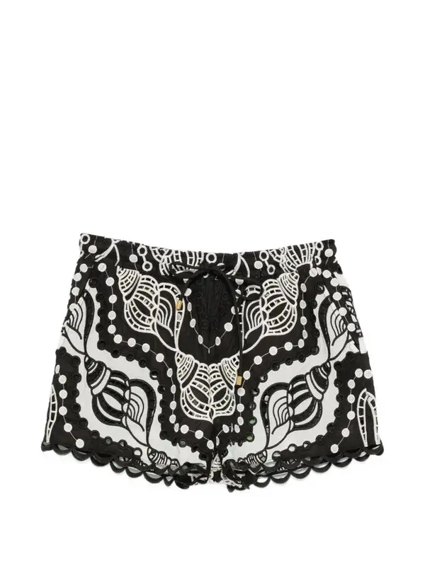 Farm Rio Embroidered Mini Shorts With Side Pockets & Drawstring Waist