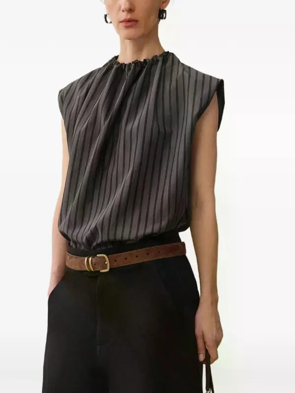 LESS Shirred-neck Striped Blouse