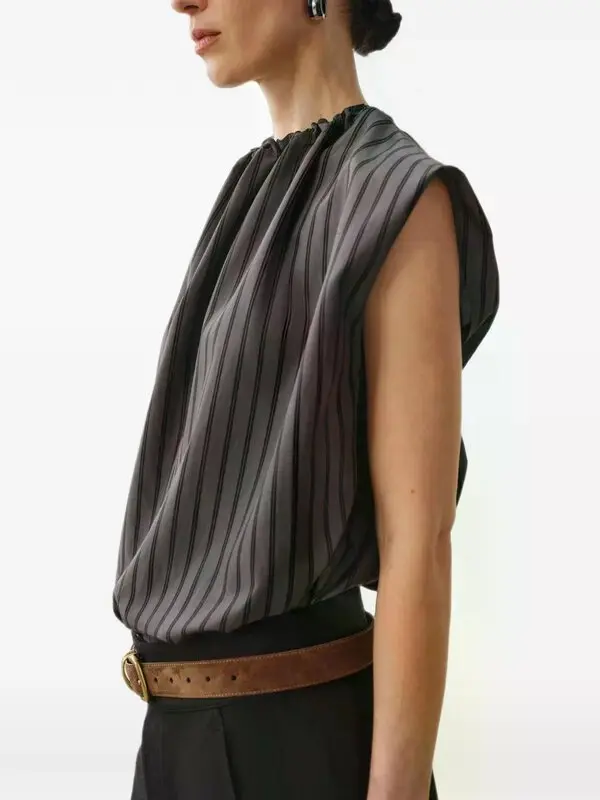 LESS Shirred-neck Striped Blouse