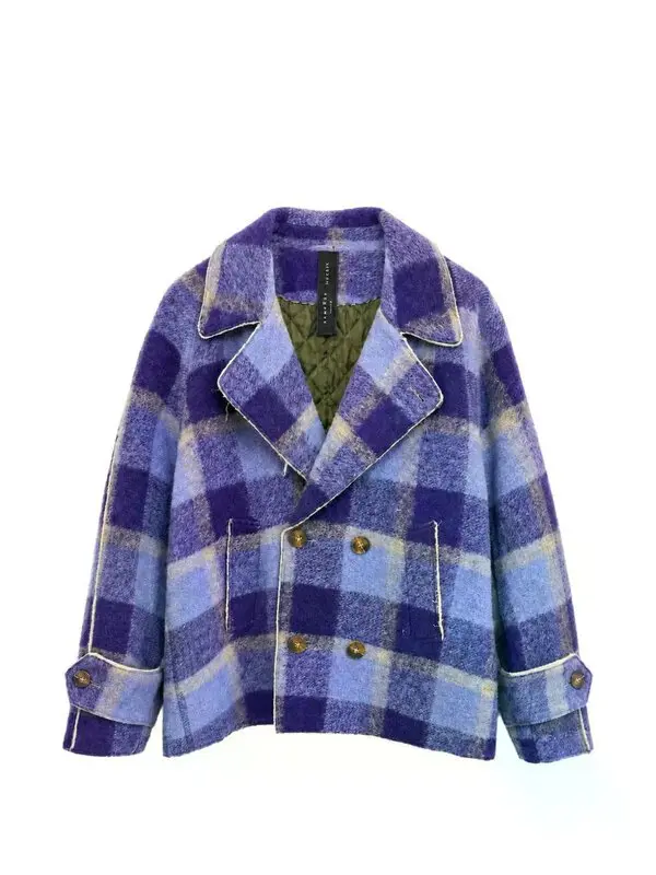 KA WA KEY Check-pattern Double-breasted Peacoat - Purple