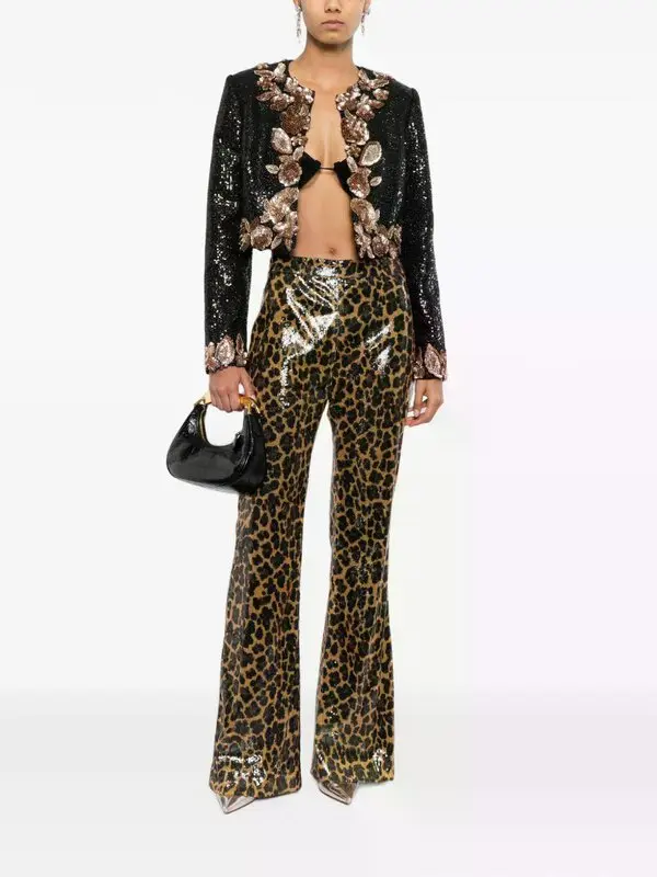 Pamella Roland Sequinned Leopard-print Skinny Flare Pants - Brown