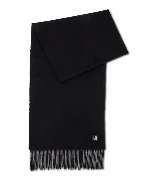 Hugo Fringed Wool-blend Scarf With Stacked Logo