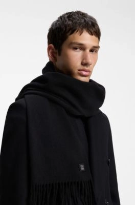 Hugo Fringed Wool-blend Scarf With Stacked Logo