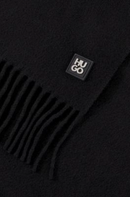 Hugo Fringed Wool-blend Scarf With Stacked Logo
