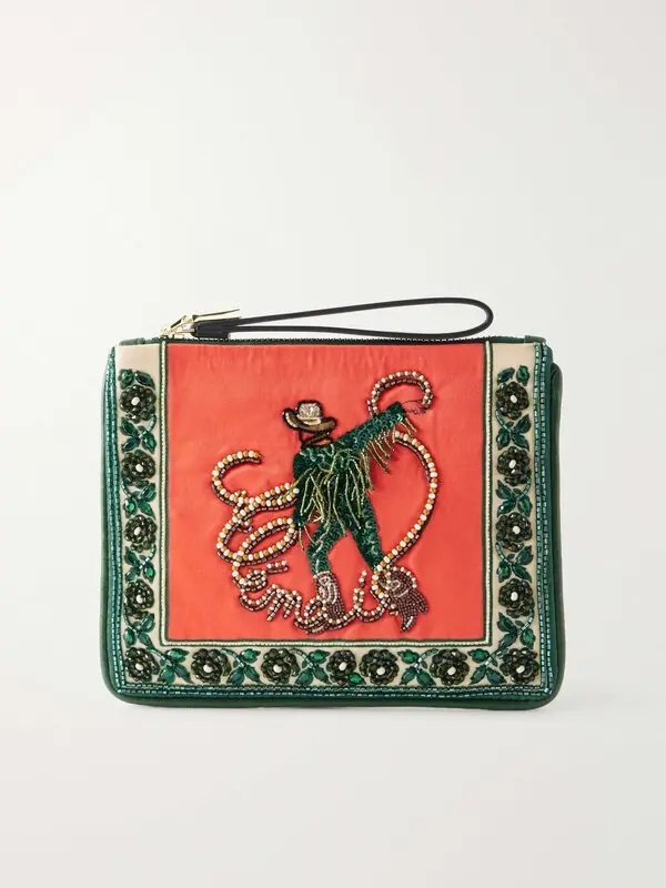 ALEMAIS Ace Embellished Leather-trimmed Satin Clutch - Green