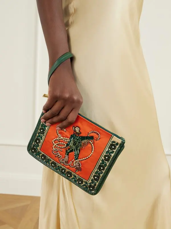 ALEMAIS Ace Embellished Leather-trimmed Satin Clutch - Green