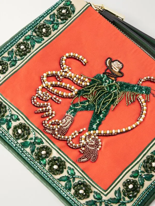 ALEMAIS Ace Embellished Leather-trimmed Satin Clutch - Green