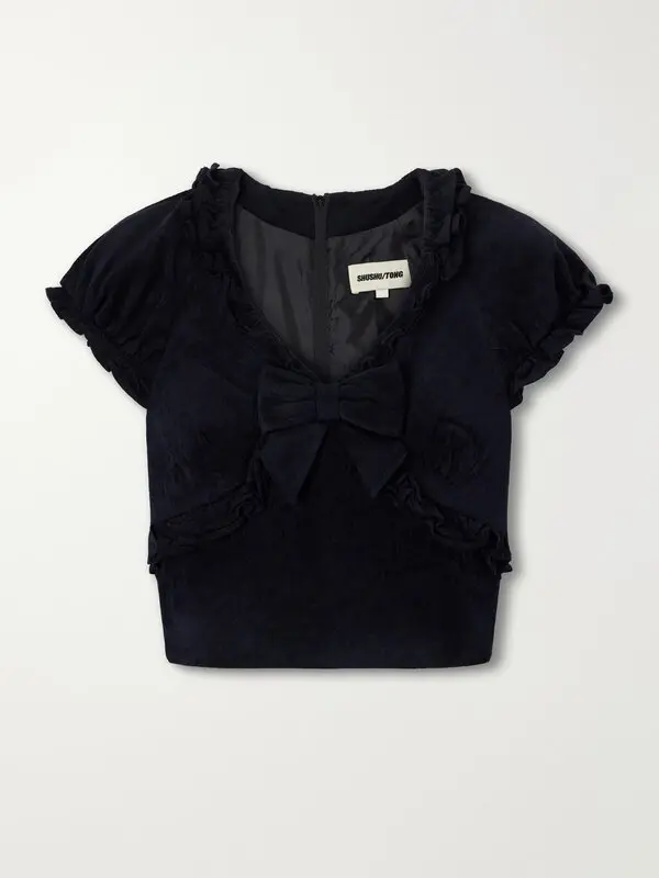 SHUSHU/TONG Crisscross Bow-detailed Ruffled Cropped Top - Blue