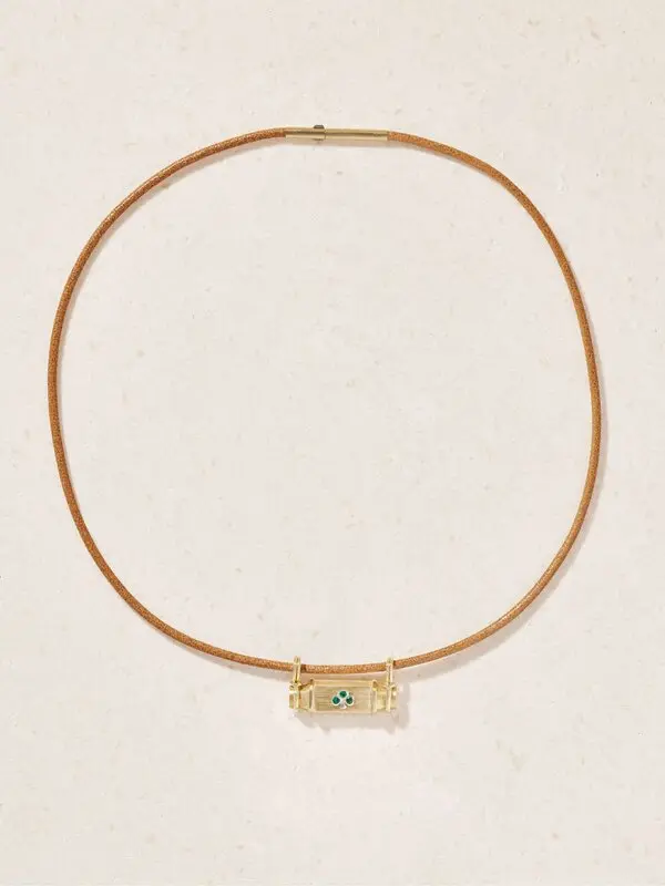 MARIE LICHTENBERG Clover Smash Locket 18-karat Yellow And White Emerald And Leather Necklace - Gold