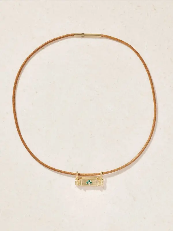 MARIE LICHTENBERG Clover Smash Locket 18-karat Yellow And White Emerald And Leather Necklace - Gold