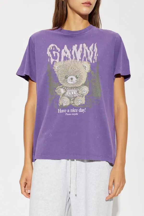 GANNI Have A Nice Day!" Teddy Bear Print Cotton T-shirt