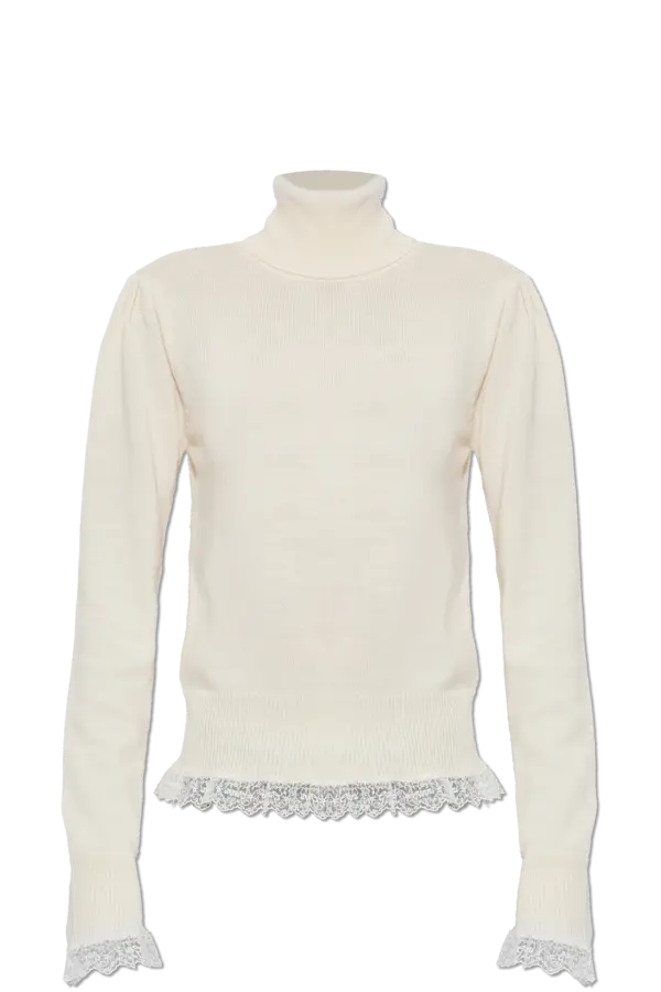 GANNI Wool Turtleneck With Lace Trim - Cream