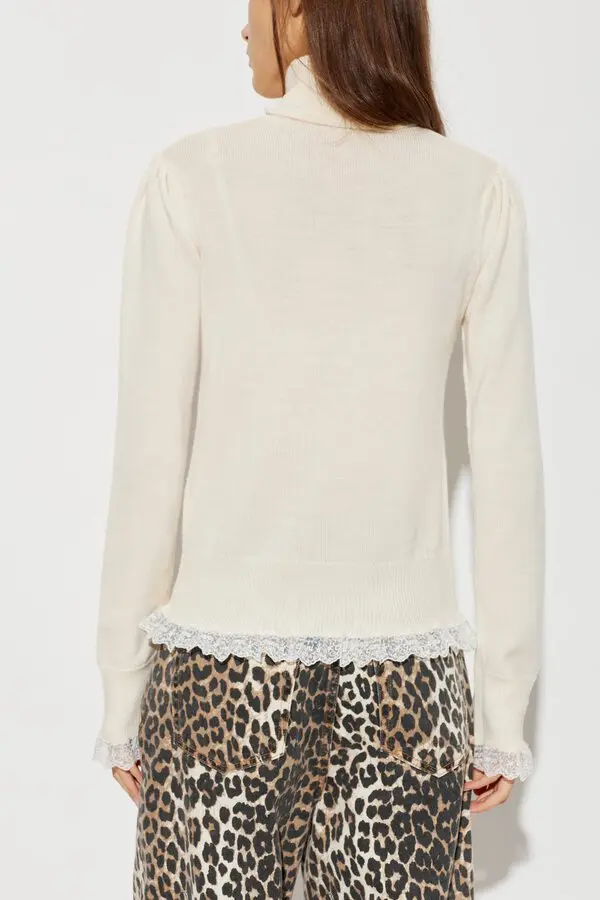 GANNI Wool Turtleneck With Lace Trim