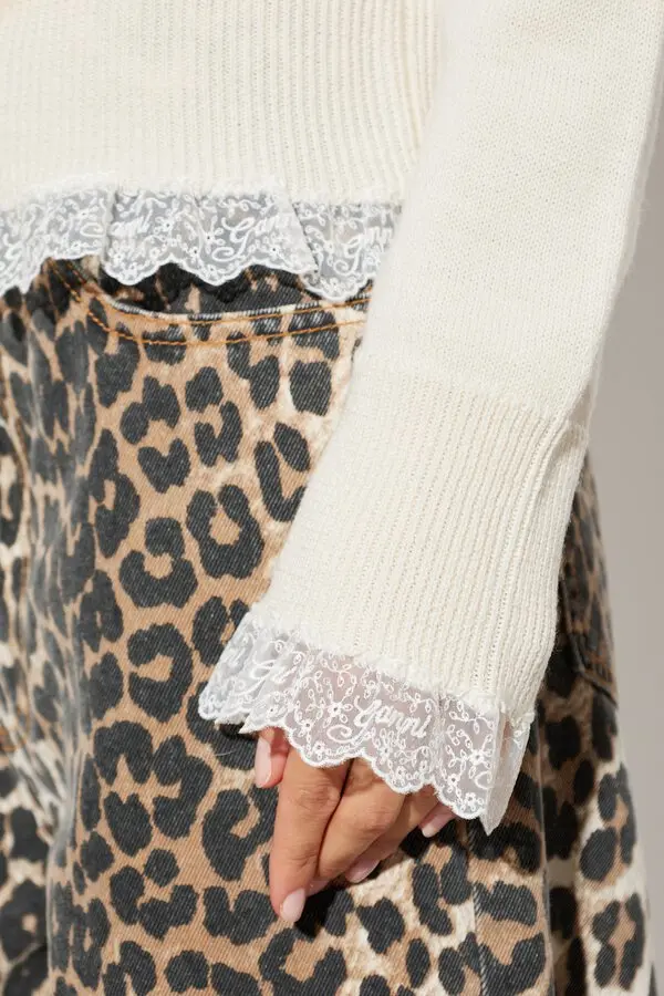 GANNI Wool Turtleneck With Lace Trim